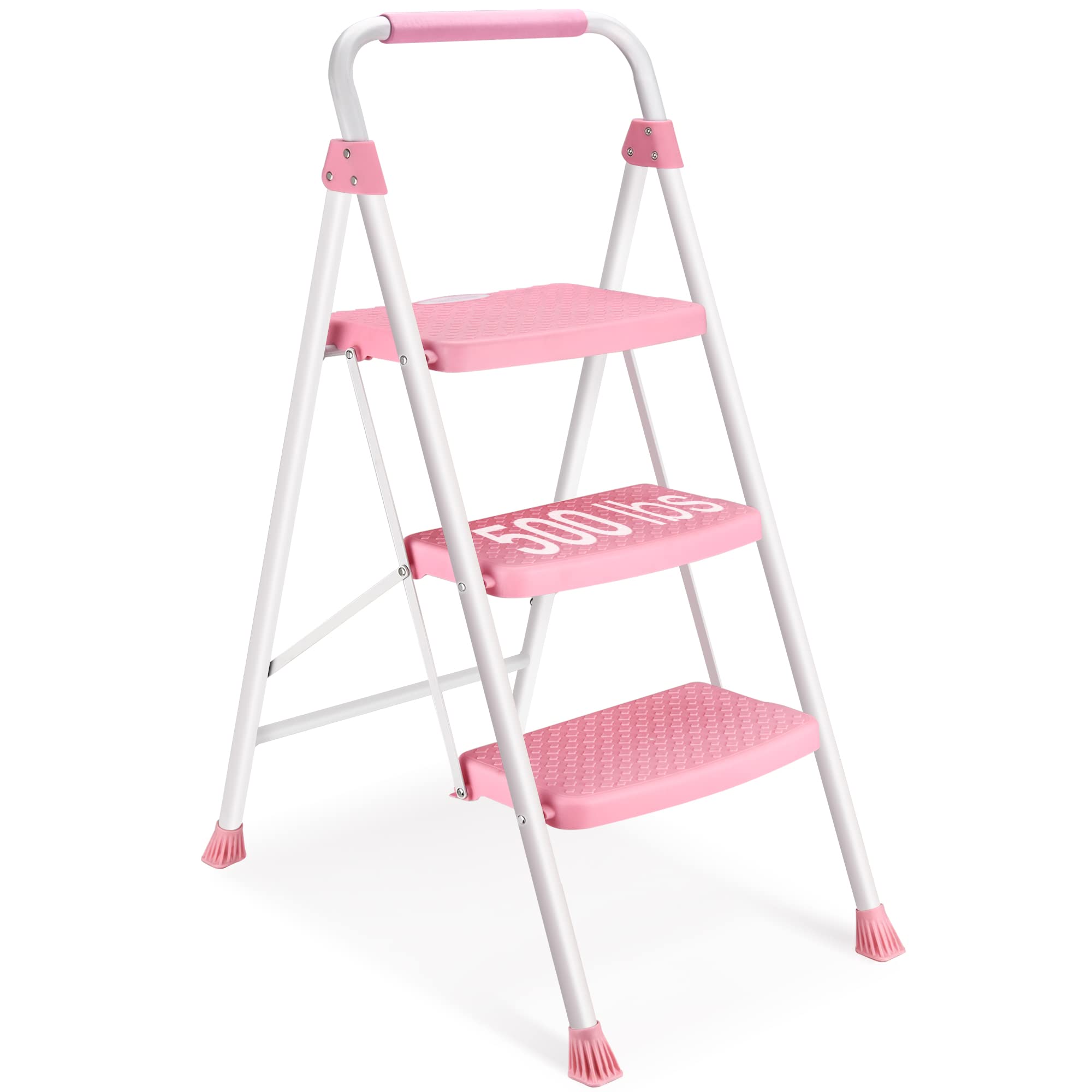 SocTone 3 Step Ladder, Folding Step Stool with Handle, Wide Anti-Slip Pedal, Lightweight, Multi-Use for Household and Office, 500lbs Capacity Sturdy Steel Ladder, PINK