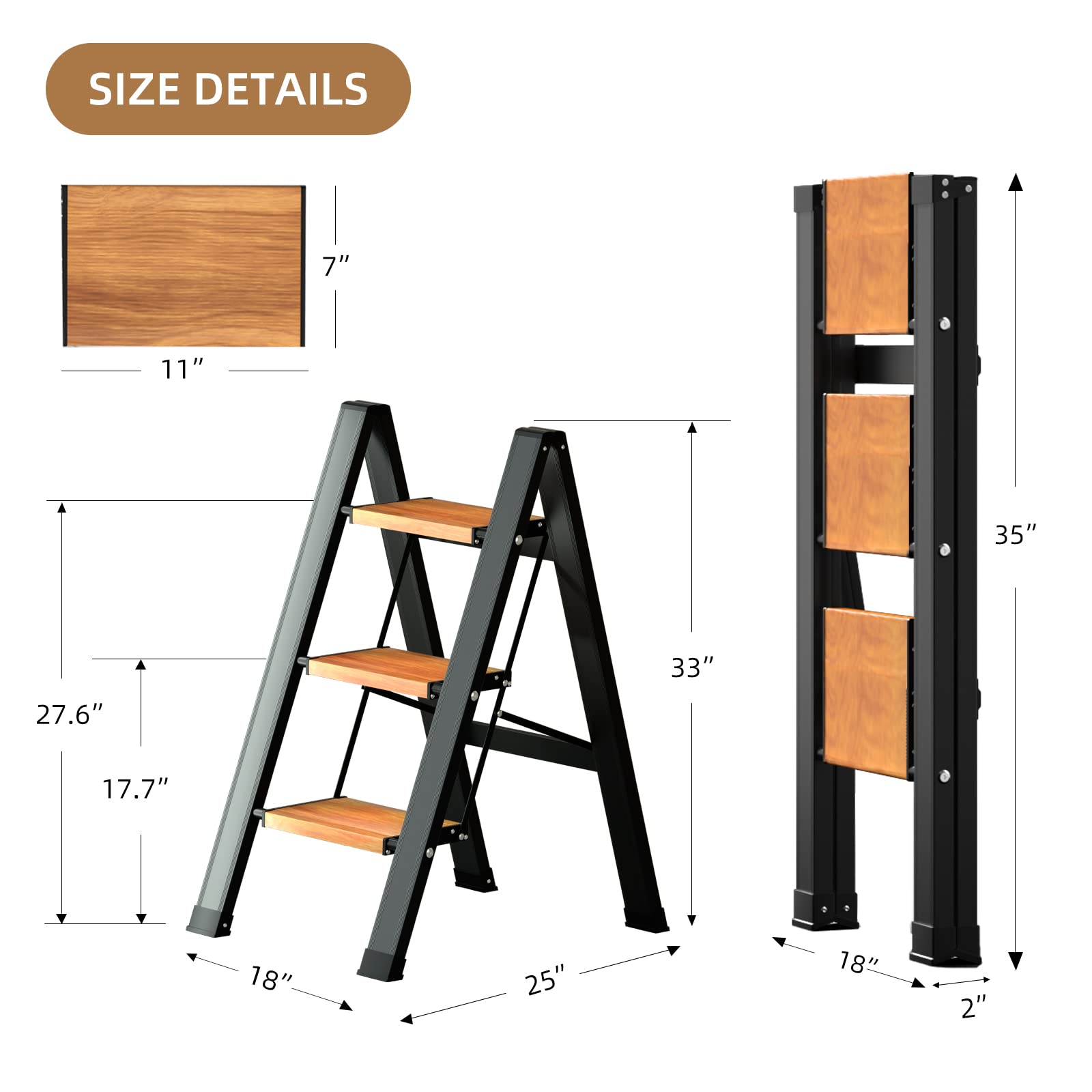 3 Step Ladder Aluminum Lightweight Folding Step Stool for Adults with Anti-Slip Sturdy and Wide Pedal, with 330 Lbs Capacity Multi-Use for Household and Kitchen Portable Stepladder, Black-Wood