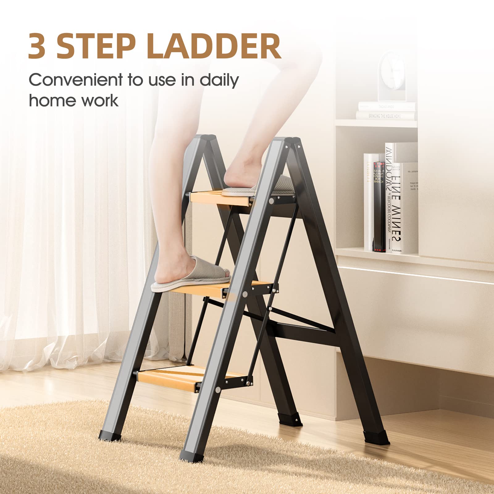 3 Step Ladder Aluminum Lightweight Folding Step Stool for Adults with Anti-Slip Sturdy and Wide Pedal, with 330 Lbs Capacity Multi-Use for Household and Kitchen Portable Stepladder, Black-Wood