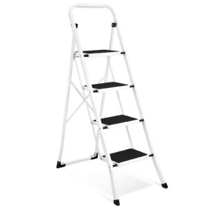 soctone step ladder 4 step folding with anti-slip pedal, lightweight 4 step ladder with handrails, 330 lbs capacity perfect for kitchen & household, white