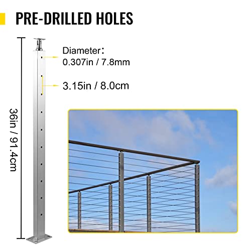 VEVOR Cable Railing Post Level Deck Stair Post 36 x 0.98 x 1.97" Cable Handrail Post Stainless Steel Wire Drawing Deck Railing Pre-Drilled Pickets with Mounting Bracket Stair Railing Kit Silver