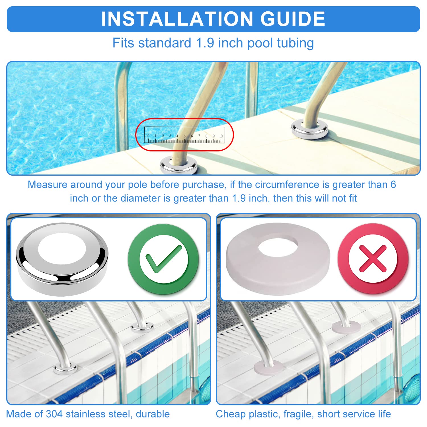 4pcs Pool Ladder Escutcheon, Stainless Steel Escutcheons Plates Pool Escutcheon Replacement Cover Fits for 1.9 Inch Inner Diameter Tubing Pool Handrail Cover Ladders for Inground Pools Accessories