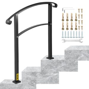 happybuy 3-step transitional handrail fits 1 or 3 steps matte stair rail wrought iron handrail with installation kit hand rails for outdoor steps (unadjustable) (black)