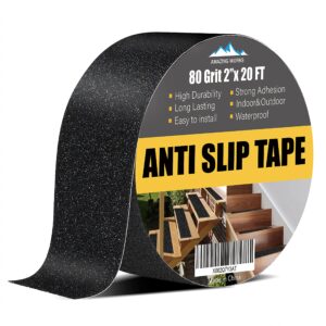 amazing works grip tape - heavy duty non skid tape high traction 80 grit non slip for stairs outdoor/indoor, waterproof stairs non skid treads, durable triple layer adhesive 2 inch x 20 ft - black