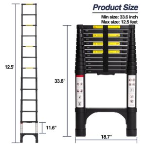 BOCOM 12.5 FT Aluminum Telescoping Ladder, Lightweight Multi-Purpose Collapsible Extension with 2 Triangle Stabilizers, Heavy Duty 330 lbs Max Capacity, Ideal for Home, RV, and Outdoor Work Black