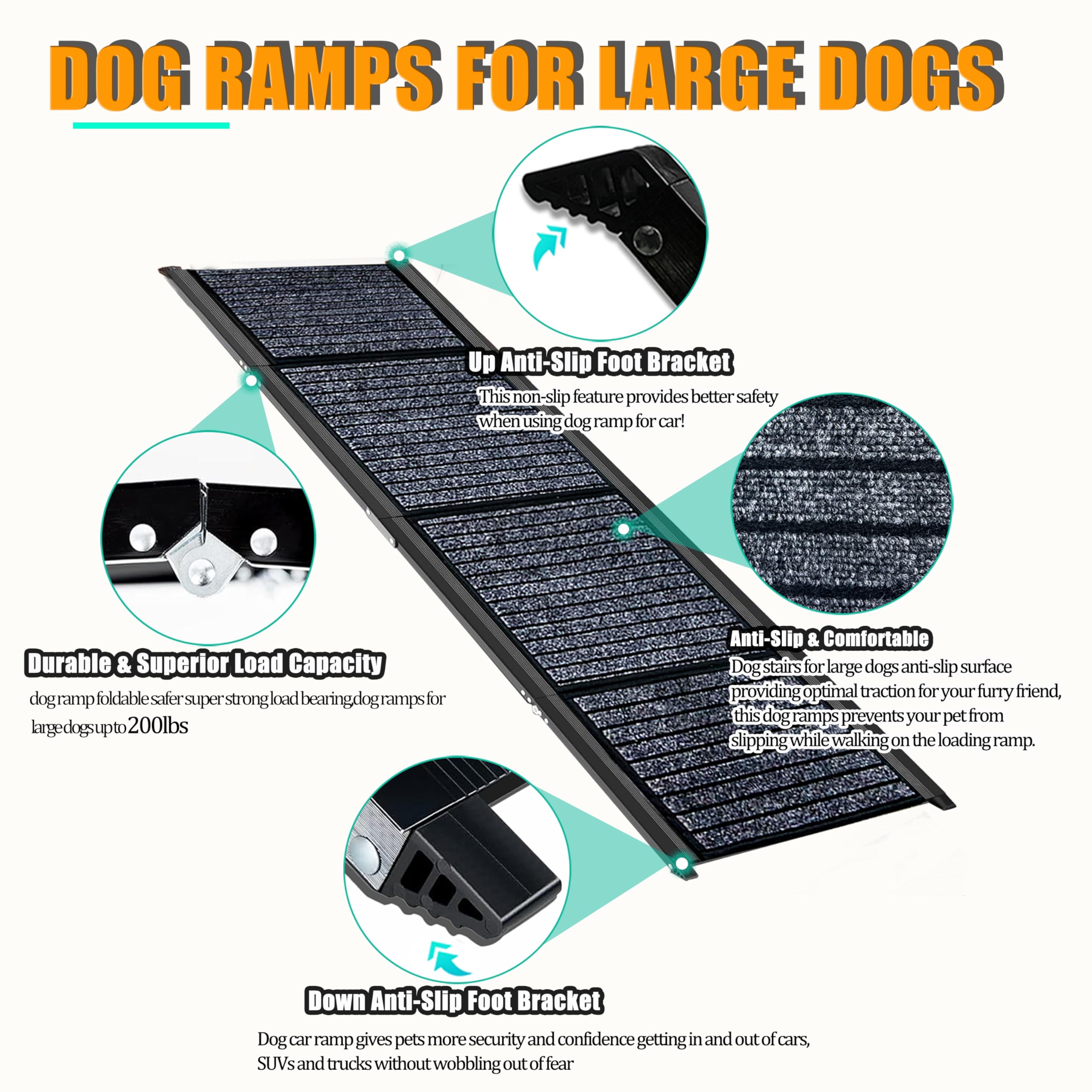 VEMJO Dog Ramp for Car SUV Truck Folding in Four-Fold Pet Ramp Dog Car Ramp Dog Stairs Cat Ramp Portable Dog Steps for Bed for Small Medium and Large Dogs Supports to 200lbs (Dark Grey)