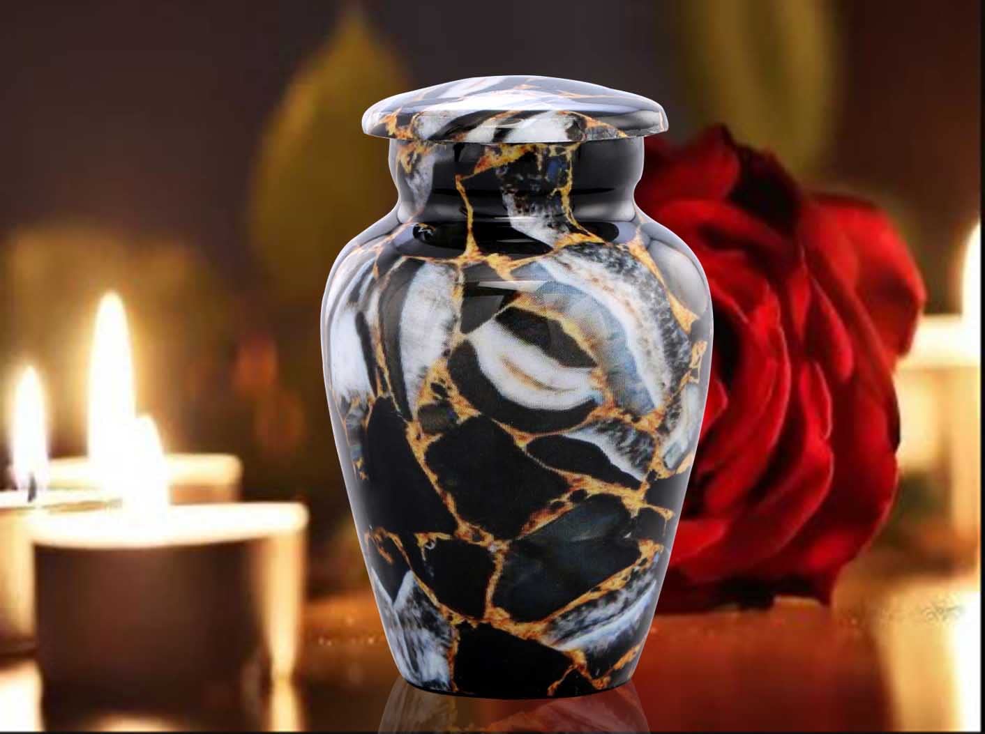 Keepsake Urn | Marble Finish Keepsake Cremation Urn for Ashes | Metal Sharing Urn for Human or Pets Ashes | Mini Memorial Urn with Velvet Bag (Luxury Black)