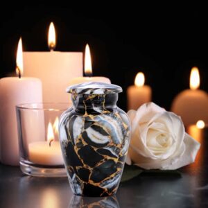 Keepsake Urn | Marble Finish Keepsake Cremation Urn for Ashes | Metal Sharing Urn for Human or Pets Ashes | Mini Memorial Urn with Velvet Bag (Luxury Black)