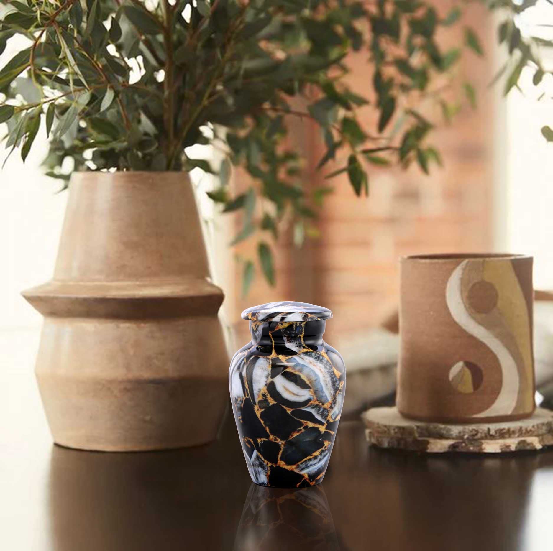 Keepsake Urn | Marble Finish Keepsake Cremation Urn for Ashes | Metal Sharing Urn for Human or Pets Ashes | Mini Memorial Urn with Velvet Bag (Luxury Black)