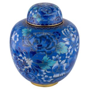 azure blue cloisonne cremation urn for ashes, metal, blue enameled urn, adult sized cremation urn, 9.5 inches high