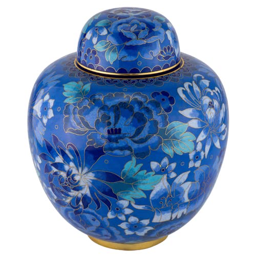 Azure Blue Cloisonne Cremation Urn for Ashes, Metal, Blue Enameled Urn, Adult Sized Cremation Urn, 9.5 Inches High