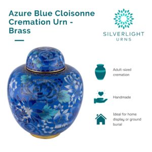 Azure Blue Cloisonne Cremation Urn for Ashes, Metal, Blue Enameled Urn, Adult Sized Cremation Urn, 9.5 Inches High