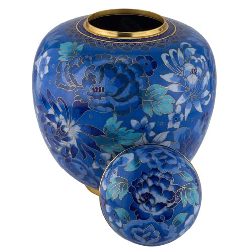 Azure Blue Cloisonne Cremation Urn for Ashes, Metal, Blue Enameled Urn, Adult Sized Cremation Urn, 9.5 Inches High