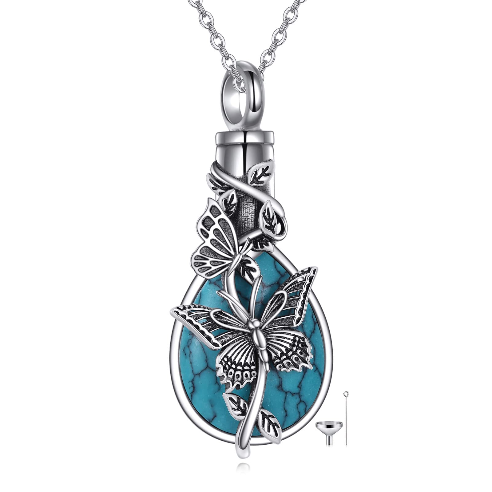 MONGAS Butterfly Urn Necklace for Ashes Sterling Silver Teardrop Turquoise Cremation Jewelry for Women