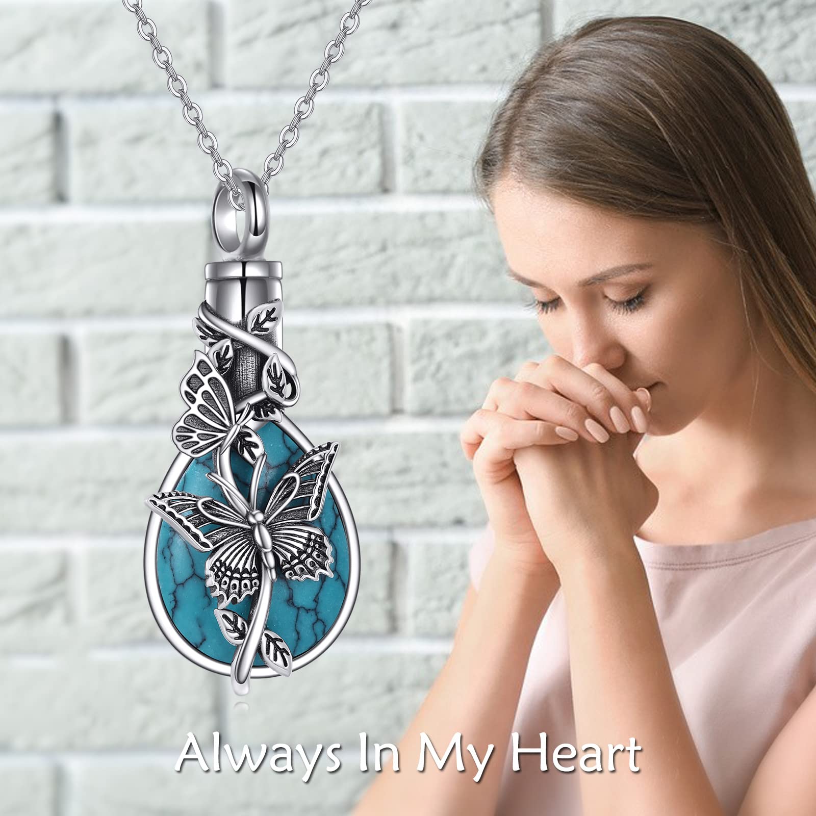 MONGAS Butterfly Urn Necklace for Ashes Sterling Silver Teardrop Turquoise Cremation Jewelry for Women