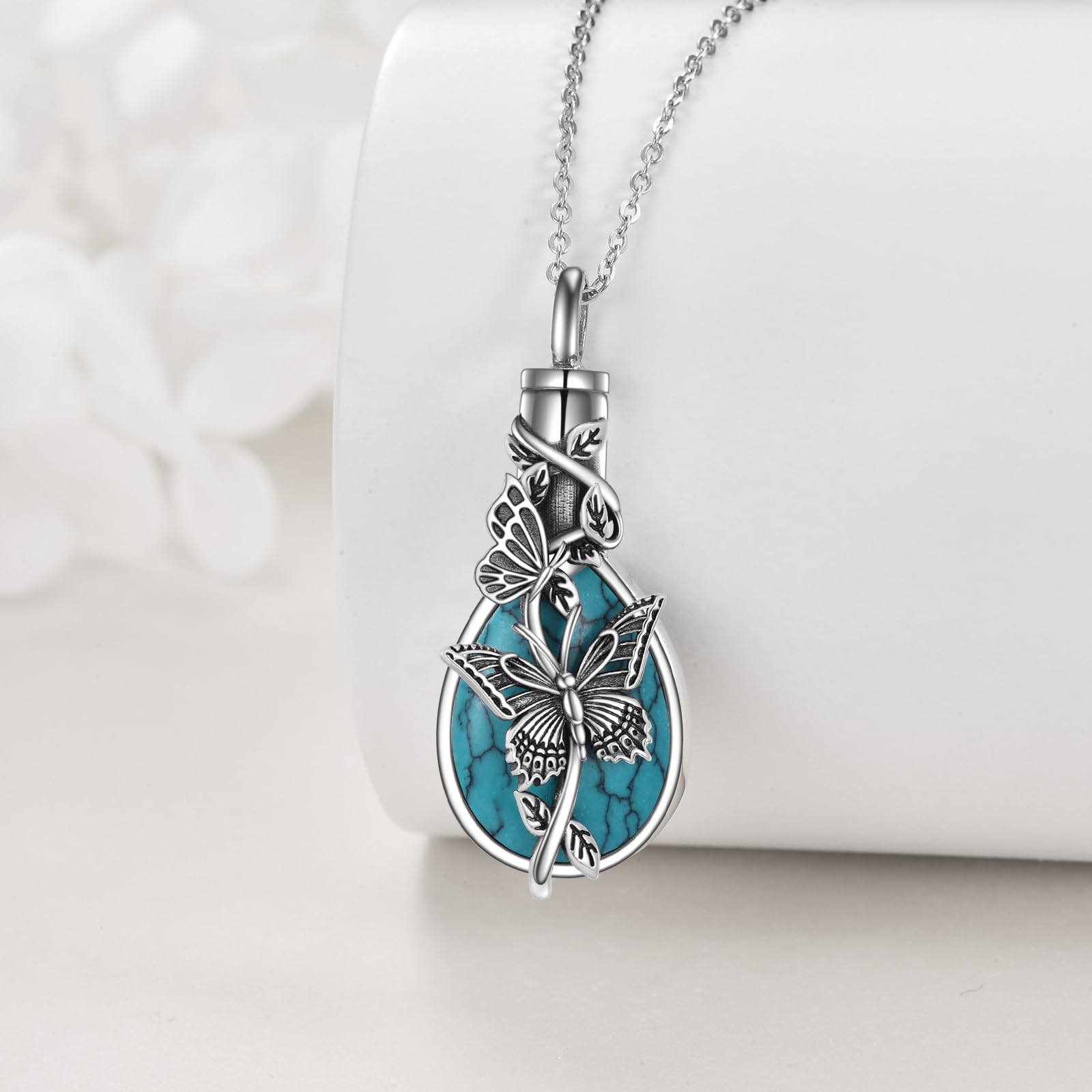 MONGAS Butterfly Urn Necklace for Ashes Sterling Silver Teardrop Turquoise Cremation Jewelry for Women