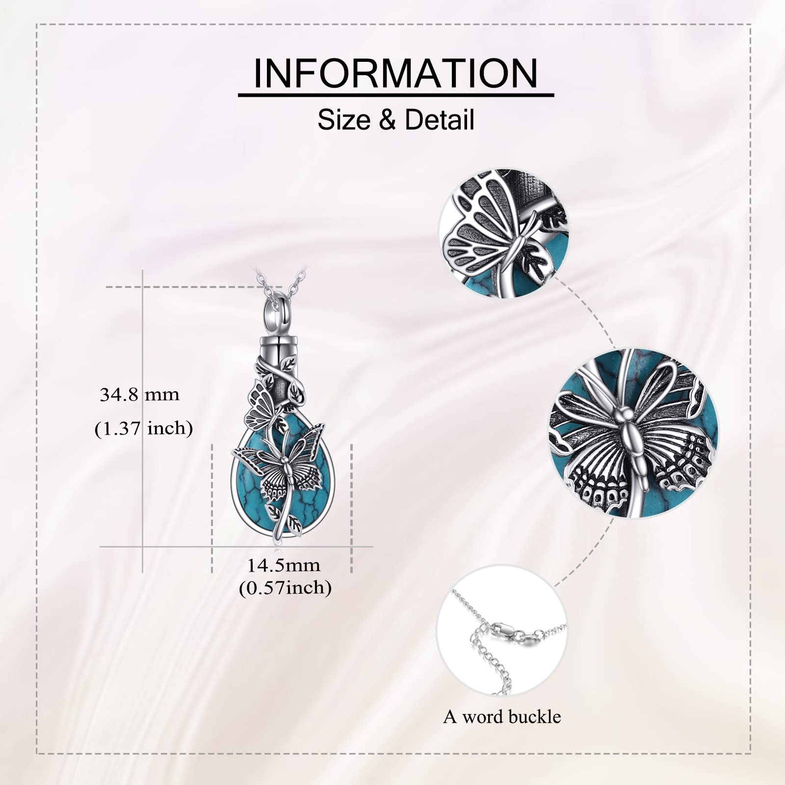 MONGAS Butterfly Urn Necklace for Ashes Sterling Silver Teardrop Turquoise Cremation Jewelry for Women