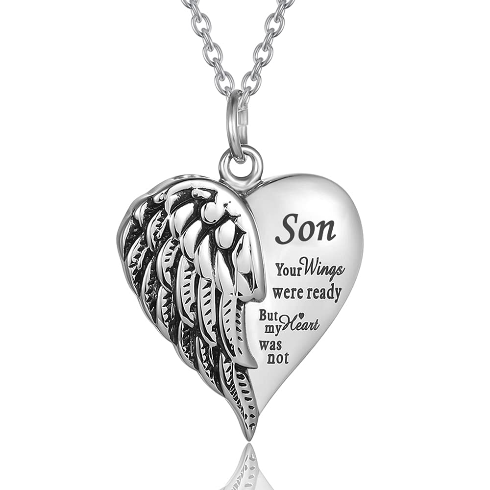 Qikafan Cremation Jewelry for Ashes Engraved Your Wings were Ready but My Heart was Not Heart Urn Necklace Memorial Pendant (TX-Son)