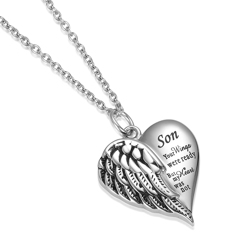 Qikafan Cremation Jewelry for Ashes Engraved Your Wings were Ready but My Heart was Not Heart Urn Necklace Memorial Pendant (TX-Son)