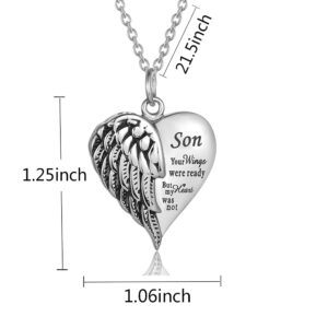 Qikafan Cremation Jewelry for Ashes Engraved Your Wings were Ready but My Heart was Not Heart Urn Necklace Memorial Pendant (TX-Son)