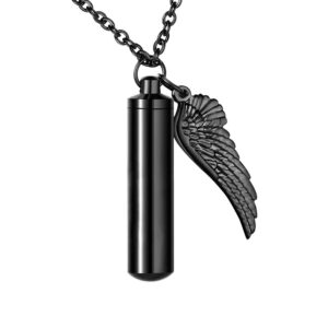 dletay cylinder cremation urn necklace for ashes memorial keepsake pendant with angel wing stainless steel remembrance jewelry(black)