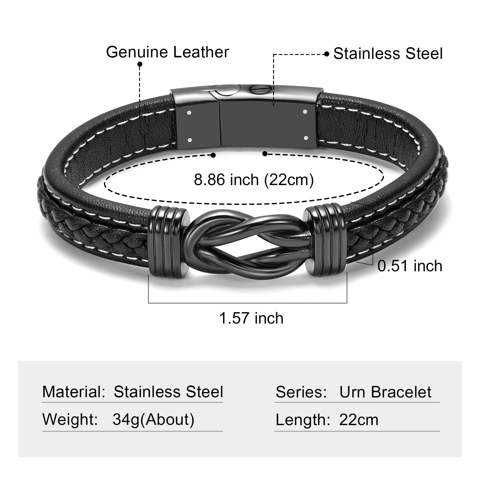 shajwo Cremation Urn Bracelet for Ashes Jewelry for Women Men Infinity Memorial Keepsake Cuff Bangle Leather Bracelet,Black 22cm