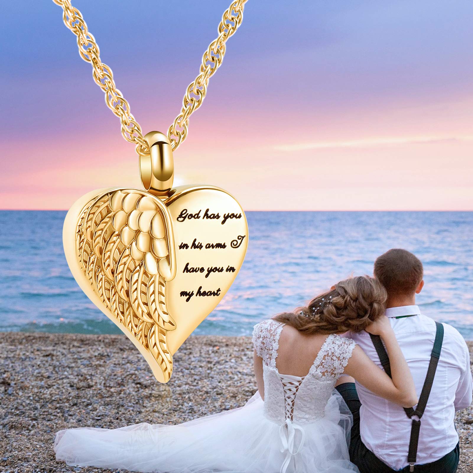 shajwo Cremation Jewelry Angel Wing Heart Urn Necklaces for Ashes Memorial Keepsake Pendant for Women Men,Gold