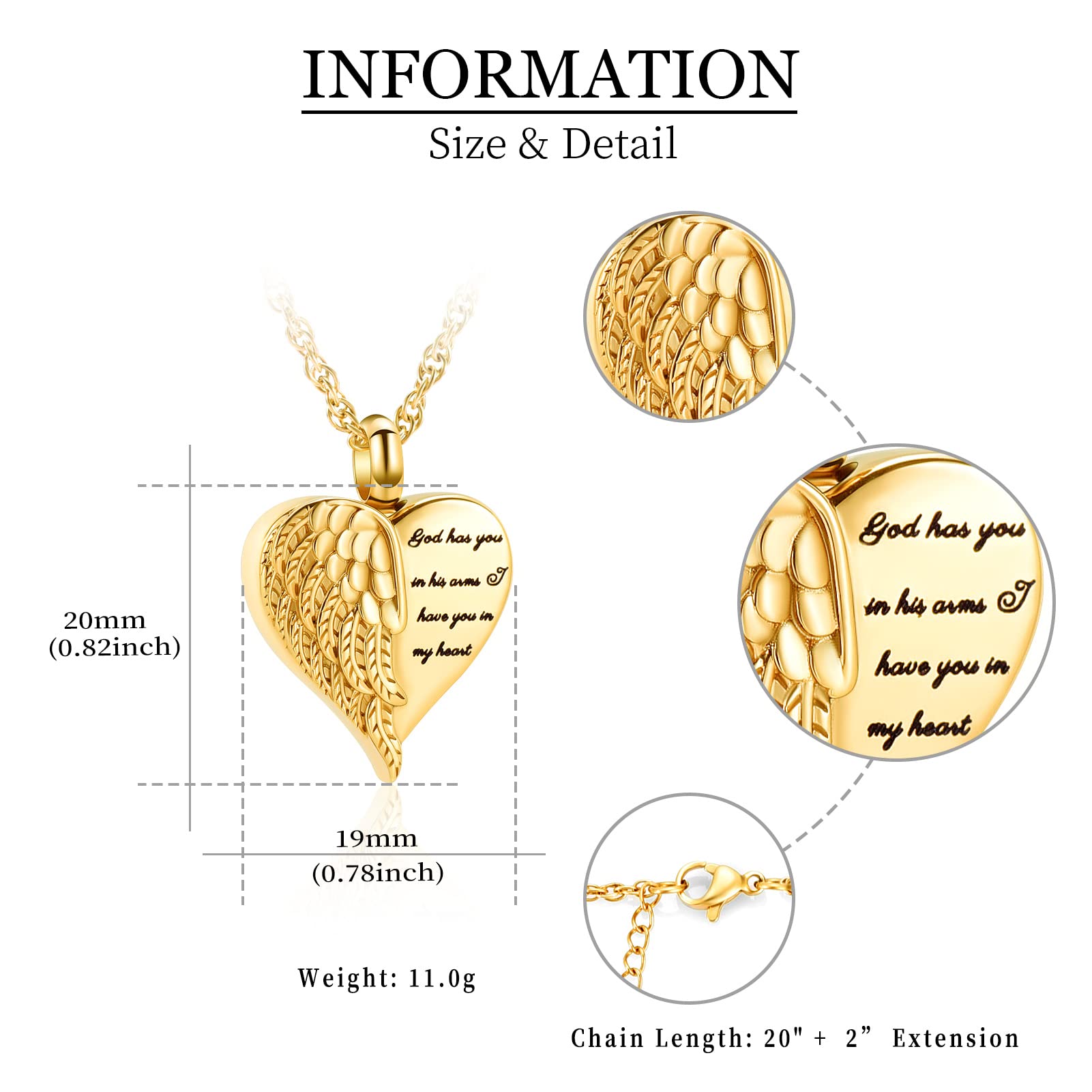 shajwo Cremation Jewelry Angel Wing Heart Urn Necklaces for Ashes Memorial Keepsake Pendant for Women Men,Gold