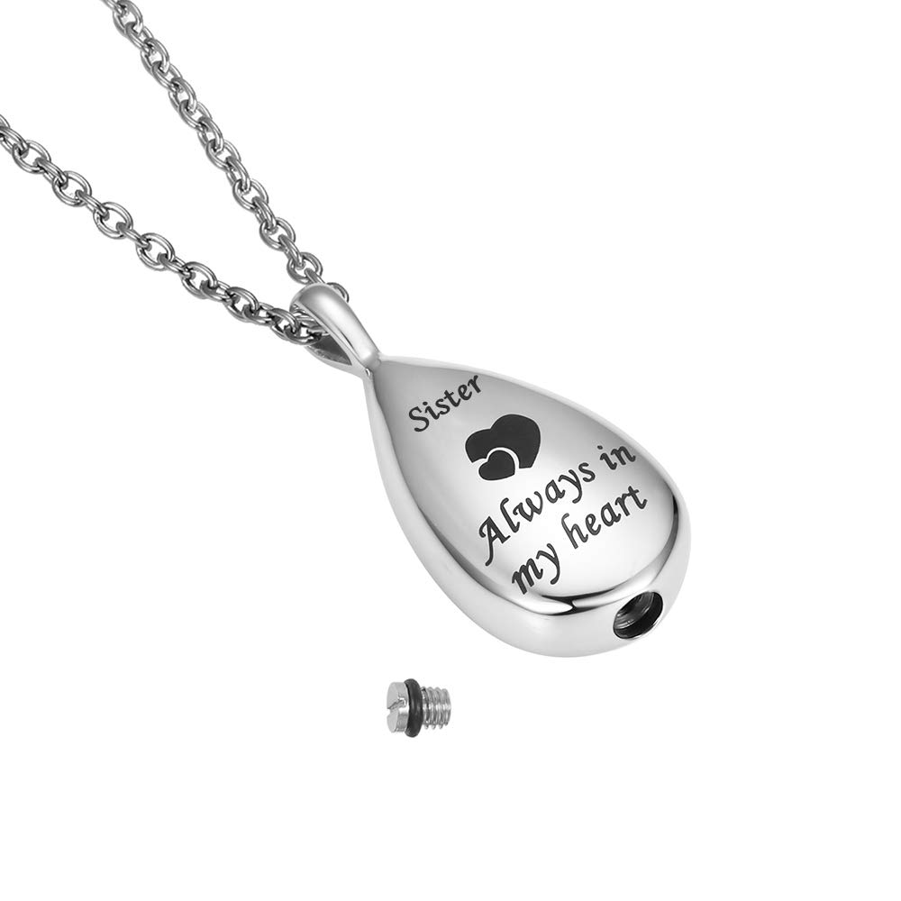 GLDZ Cremation Jewelry for Ashes,Forever in My Heart Carved Locket Urns Necklace Stainless Steel Keepsake Waterproof Memorial Pendant for mom & dad with Filling Kit (Sister)