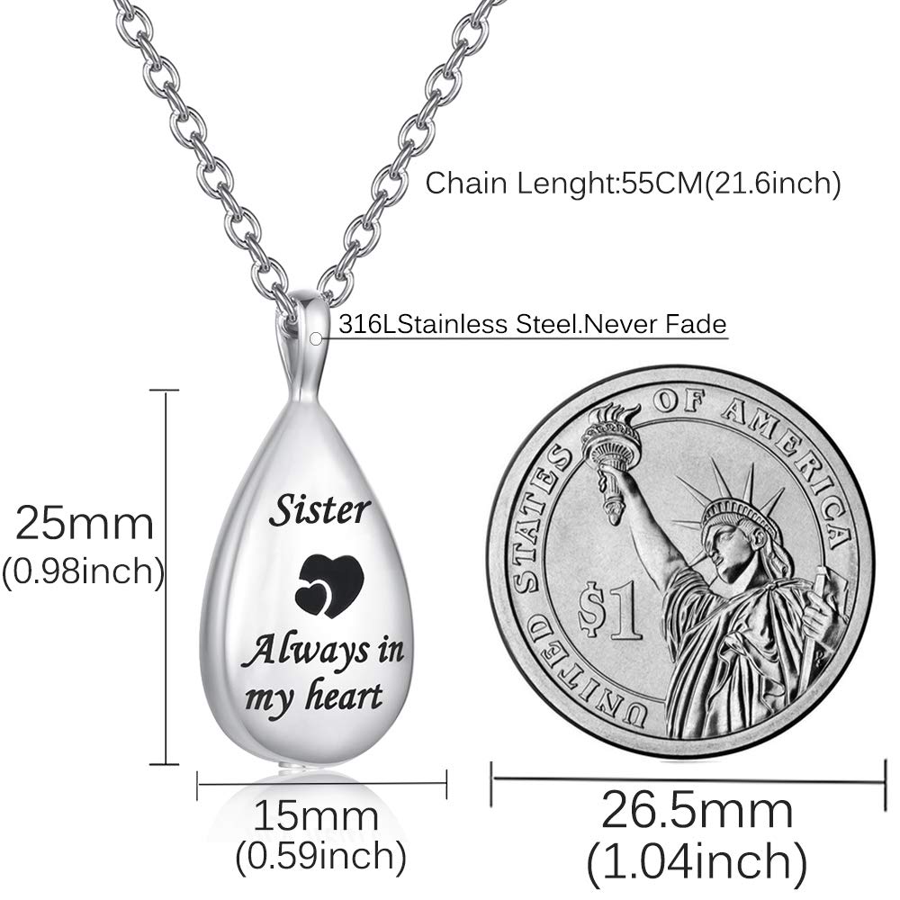 GLDZ Cremation Jewelry for Ashes,Forever in My Heart Carved Locket Urns Necklace Stainless Steel Keepsake Waterproof Memorial Pendant for mom & dad with Filling Kit (Sister)