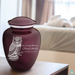 GetUrns Embrace Personalized Owl Adult Cremation Urn with Custom Engraving for Human Ashes for Funeral, Burial, Niche or Columbarium Cremation – 200 Cubic Inches – Urns for Human Adult Ashes (Purple)