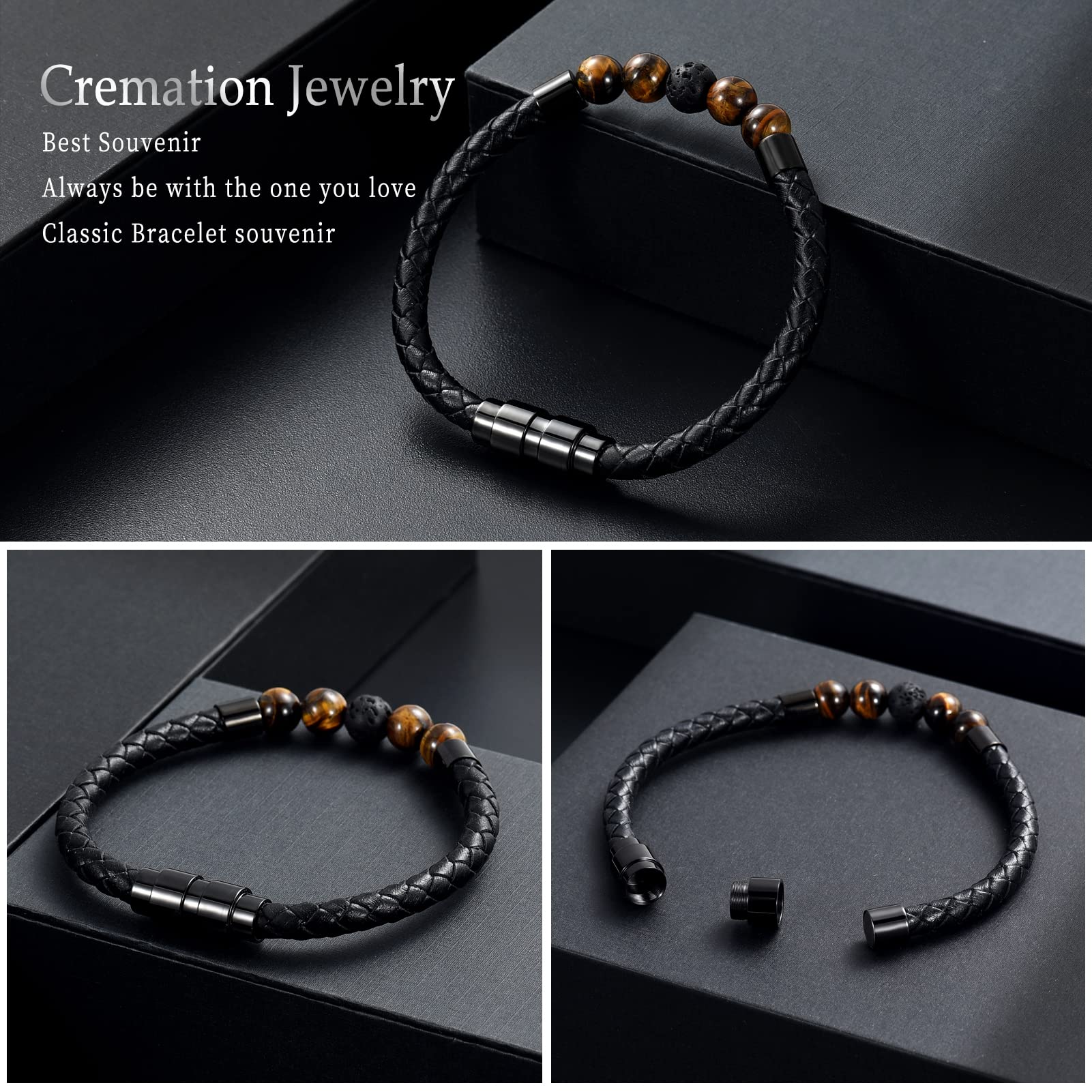 Leather Cremation Memorial Urn Bracelet Lava Stone 316L Stainless Steel Cremation Bangle Keepsake Urn Bracelet for Ashes