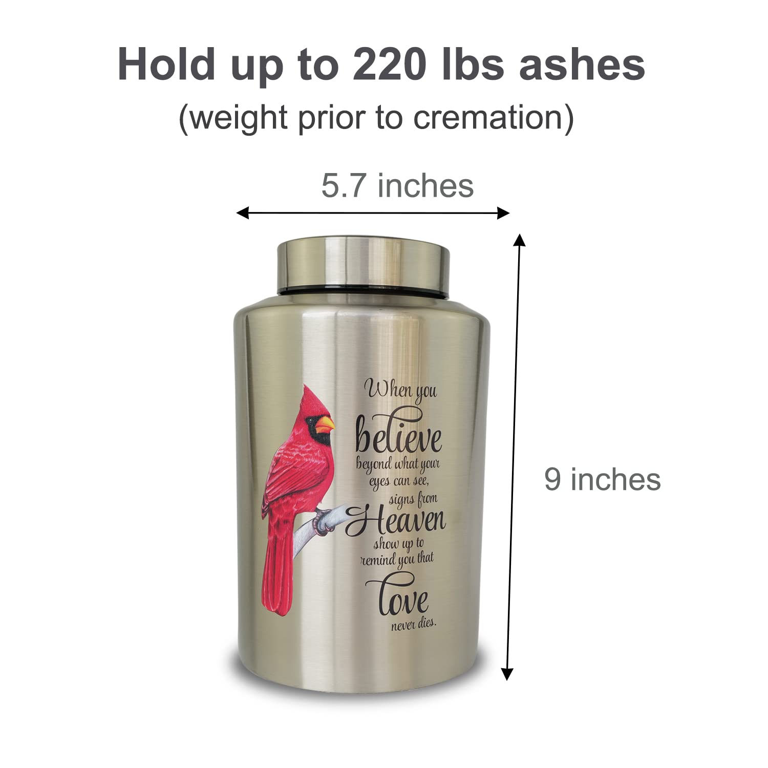 Up to 220 lbs Large Cremation Urns for Adult Human Ashes, Decorative Urn for Male Female Ashes with Velvet Bag（Cardinal）