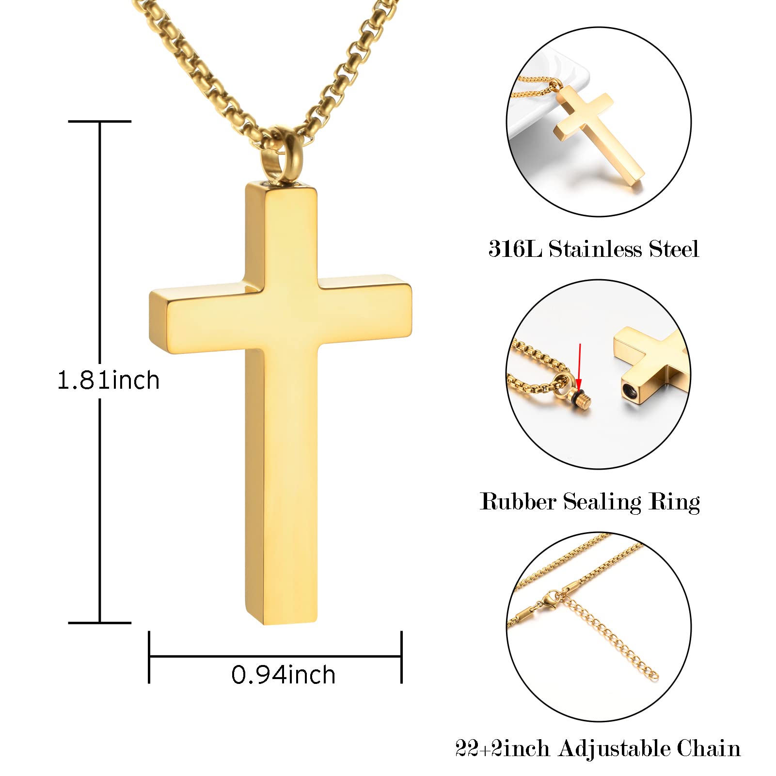 Dletay Cremation Necklace for Ashes Stainless Steel Cross Pendant Urn Necklace Memorial Keepsake Jewelry for Men Women(Gold)