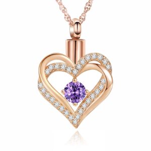 shajwo cremation jewelry heart urn necklace for ashes for women gilrs memorial keepsake birthstone pendant,rose gold-purple