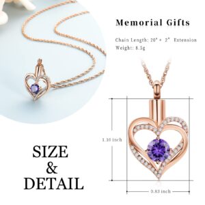 shajwo Cremation Jewelry Heart Urn Necklace for Ashes for Women Gilrs Memorial Keepsake Birthstone Pendant,Rose Gold-Purple