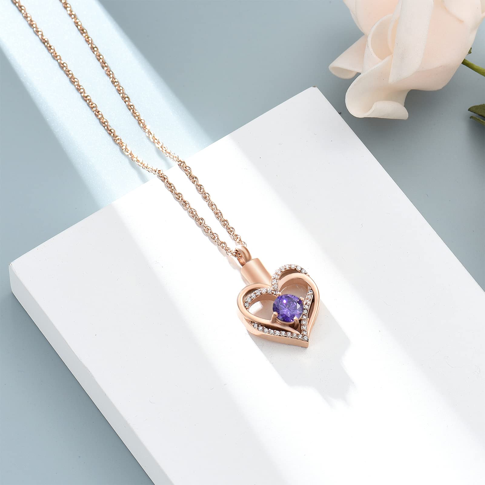 shajwo Cremation Jewelry Heart Urn Necklace for Ashes for Women Gilrs Memorial Keepsake Birthstone Pendant,Rose Gold-Purple