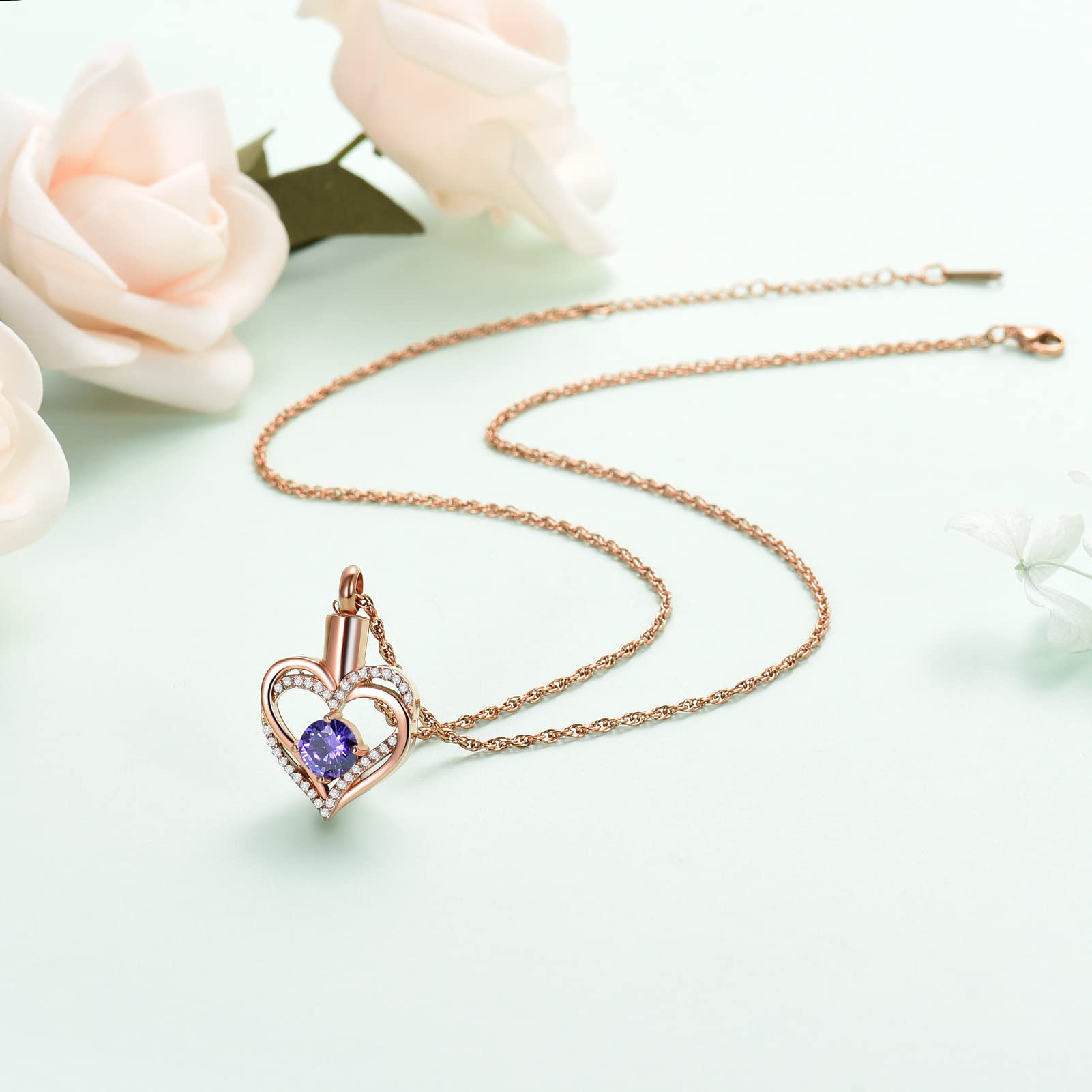 shajwo Cremation Jewelry Heart Urn Necklace for Ashes for Women Gilrs Memorial Keepsake Birthstone Pendant,Rose Gold-Purple