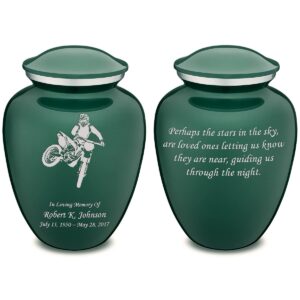 geturns embrace personalized dirt bike adult cremation urn with custom text engraving for human ashes for funeral, burial, niche or columbarium – 200 cubic inches –urns for ashes (_green double sided)