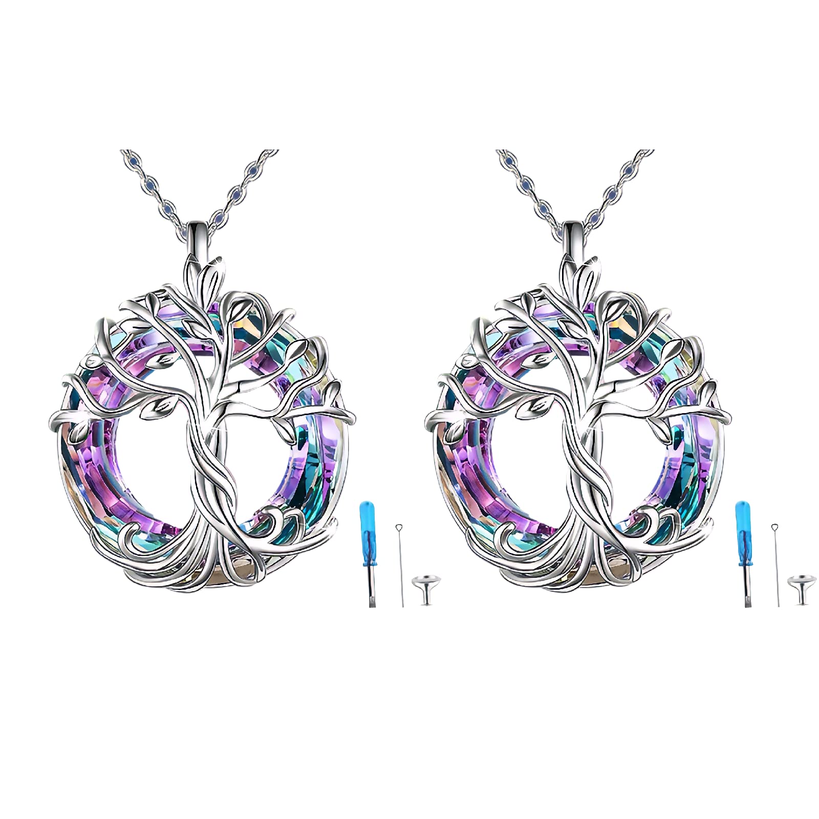 NS Online Tree of Life Necklaces Urn - 2 Pieces Cremation Jewelry for Ashes Keepsake/Circle Crystal Memorial Pendant/Funnel Filler Gifts for Women Men