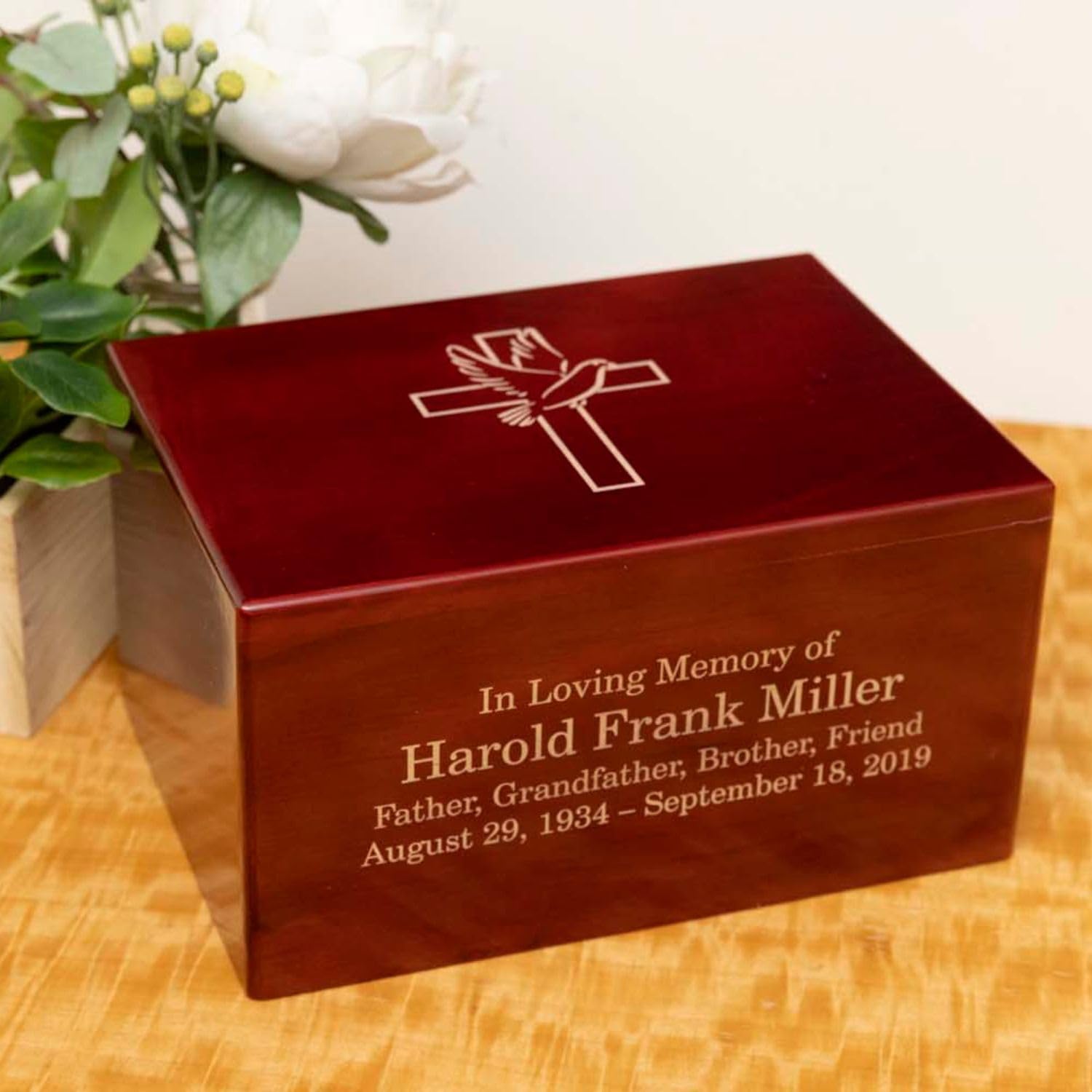 Deering Moments Custom Engraved Lacquered Rosewood Funeral Cremation Urn for Human Ashes, Religious Cross with Dove (X-Large)