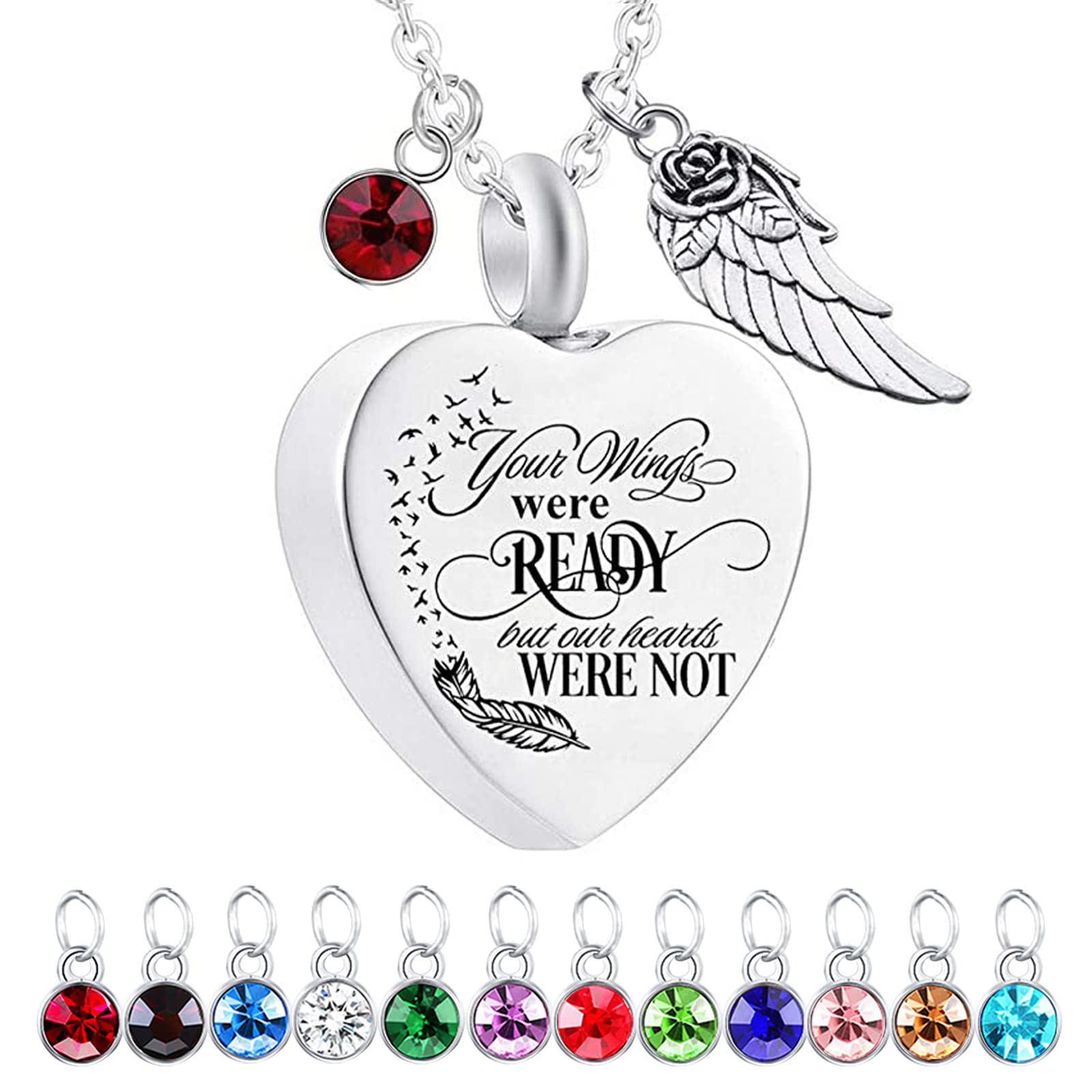 weikui God has You in his arms with Angel Wing Charm Cremation Ashes Jewelry Keepsake Memorial Urn Necklace with Birthstone Crystal (Little bird + Your +Angel Wing&12 Pcs Birthstone)