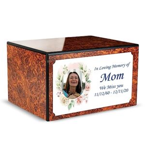 geturns - heritage burl wooden urn cremation box, cremation urns for burials, human or pet boxes for ashes, crematory urns adult size, photo frame, 213 cubic inch