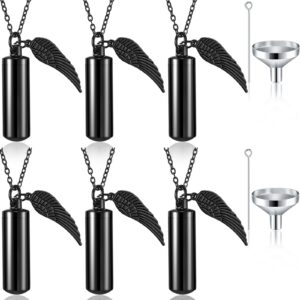 mtlee urn necklace for ashes cremation jewelry for ashes, 6 pieces stainless steel cremation jewelry for women men, memorial necklace angel keepsake cylinder pendant with filling kit (black)