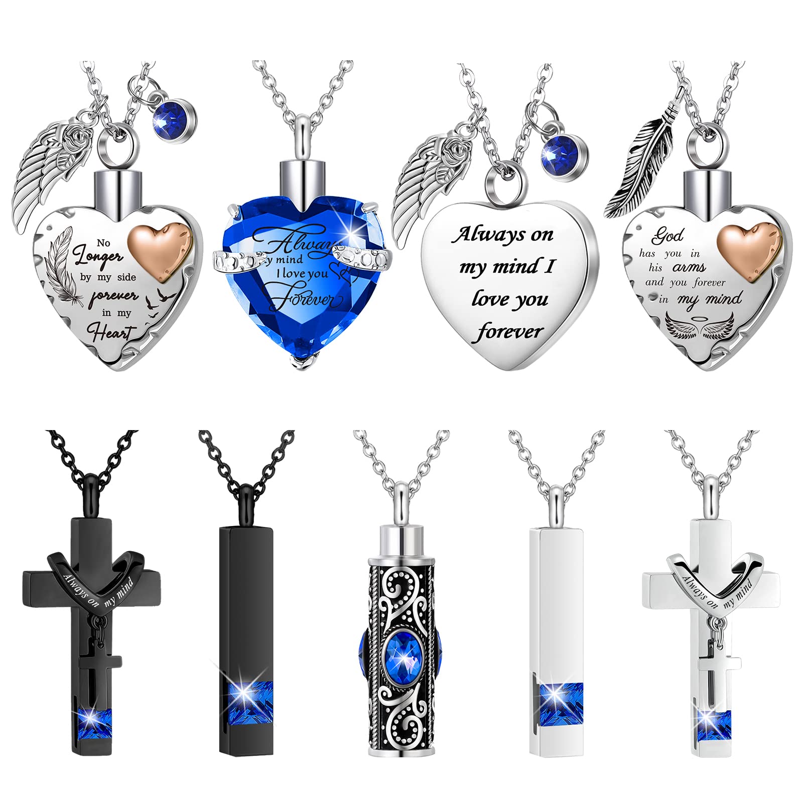 9 Pcs Heart Cross Cubic Urn Necklace for Ashes Keepsake Cremation Jewelry Stainless Steel Necklace Crystal Memorial Pendant Heart Locket Ashes Necklace for Women Men Loved Ones, 9 Styles(Dark Blue)