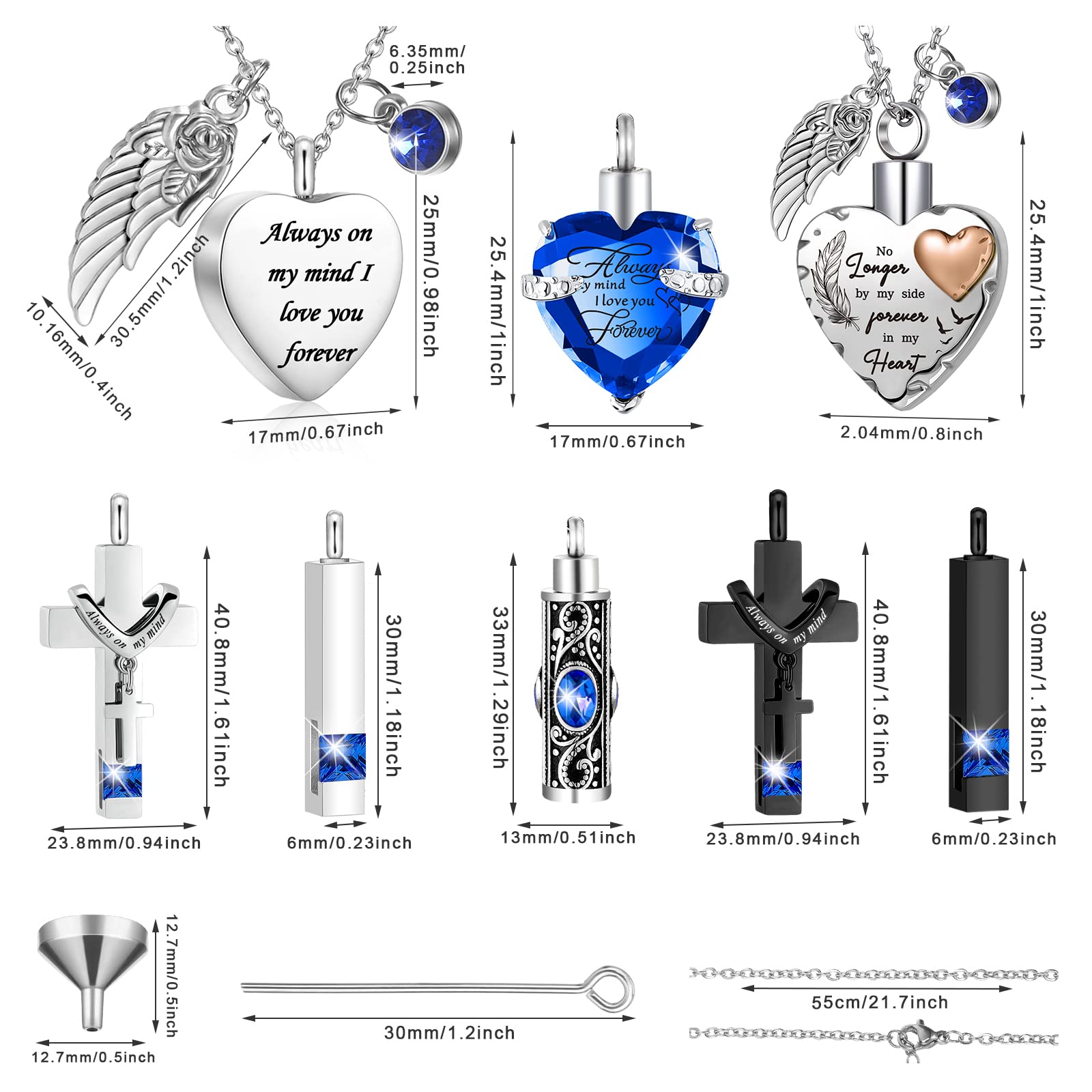 9 Pcs Heart Cross Cubic Urn Necklace for Ashes Keepsake Cremation Jewelry Stainless Steel Necklace Crystal Memorial Pendant Heart Locket Ashes Necklace for Women Men Loved Ones, 9 Styles(Dark Blue)