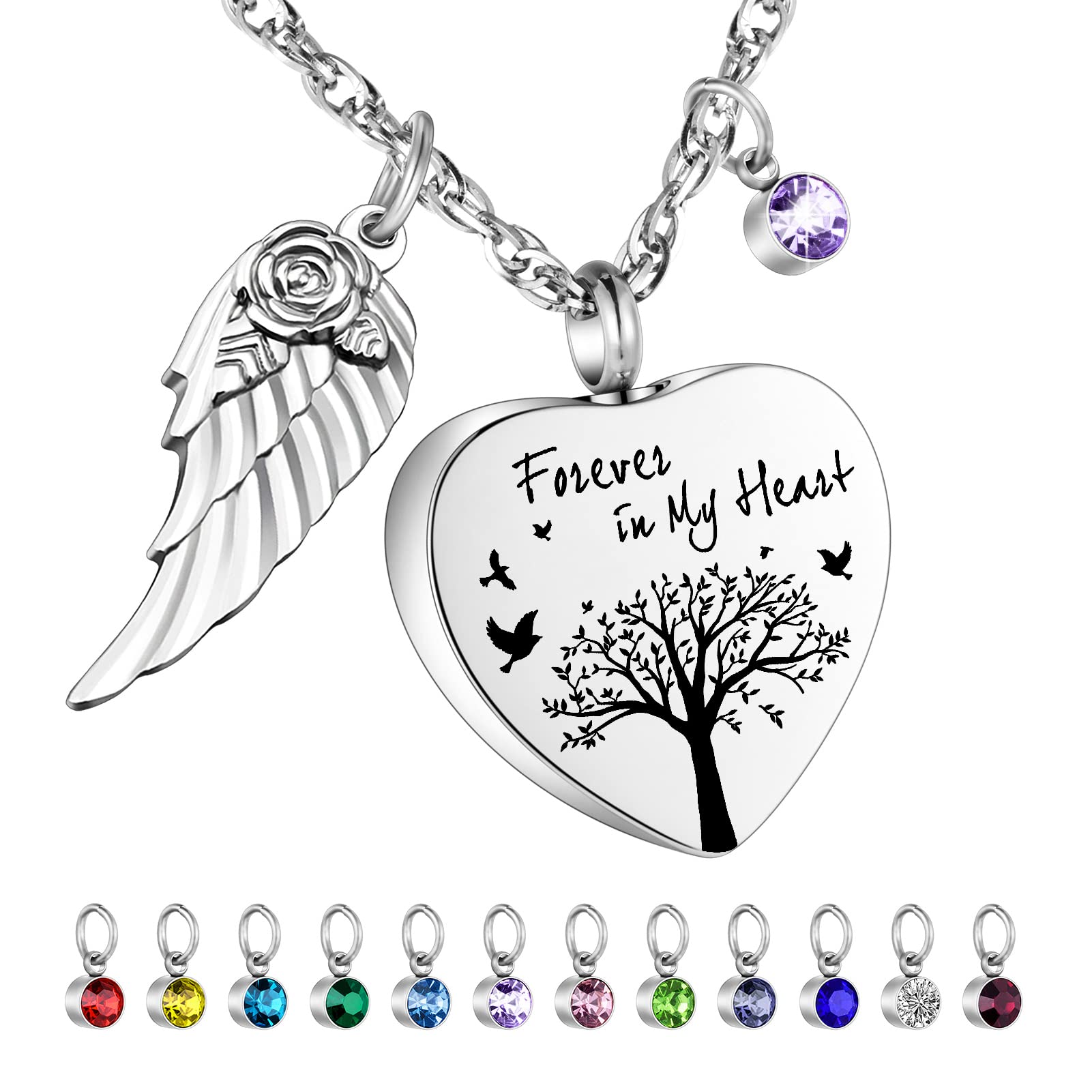 Dletay Heart Urn Necklace for Ashes Cremation Jewelry with 12 Birthstones Stainless Steel Memorial Pendant Ashes Necklace for Loved Ones-Silver