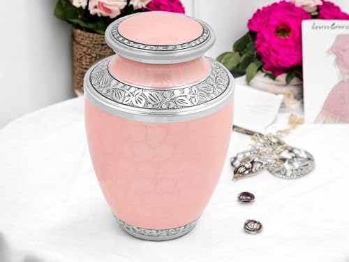 CLEENTABLE Urns for Ashes Adult Male, Urns for Human Ashes Adult Female, Decorative Urns, Large Cremation Urns for Adult Ashes, Urn Sea Pink Silver (Aluminum - 10 Inch Height x 6.5 Inch Width)