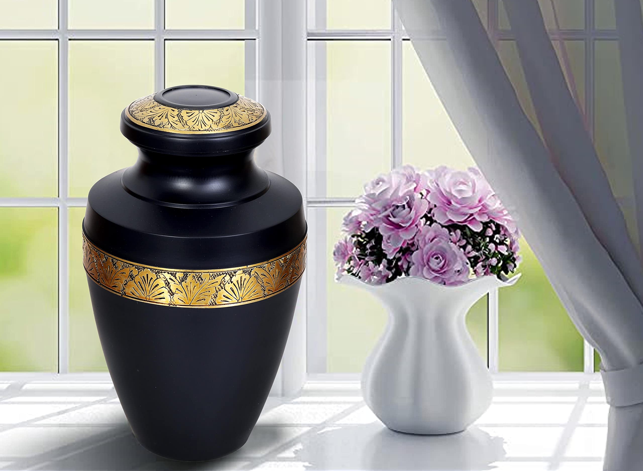 hlc URNS – Black & golden Cremation Urn for Human Ashes - Adult Funeral Urn Handcrafted - Affordable Urn for Ashes (Adult (200 lbs) – 10.5 x 6 “, Lovely Cremation Urn)