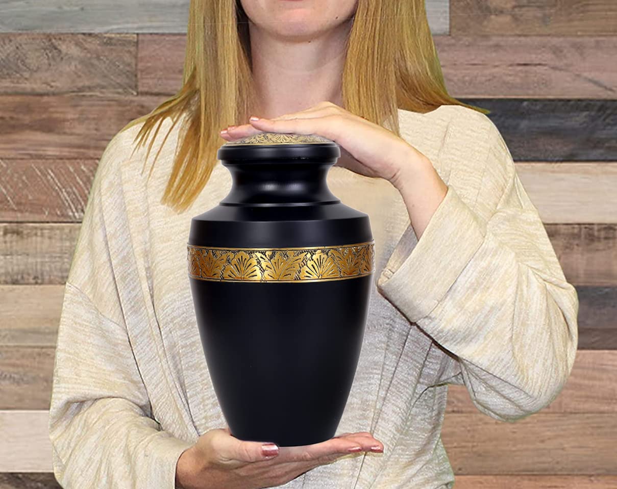 hlc URNS – Black & golden Cremation Urn for Human Ashes - Adult Funeral Urn Handcrafted - Affordable Urn for Ashes (Adult (200 lbs) – 10.5 x 6 “, Lovely Cremation Urn)